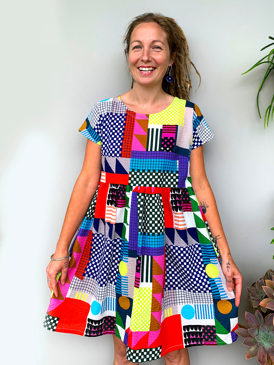 Lumo Check pleated 100% seersucker cotton dress (cap sleeve) – doopsdesigns