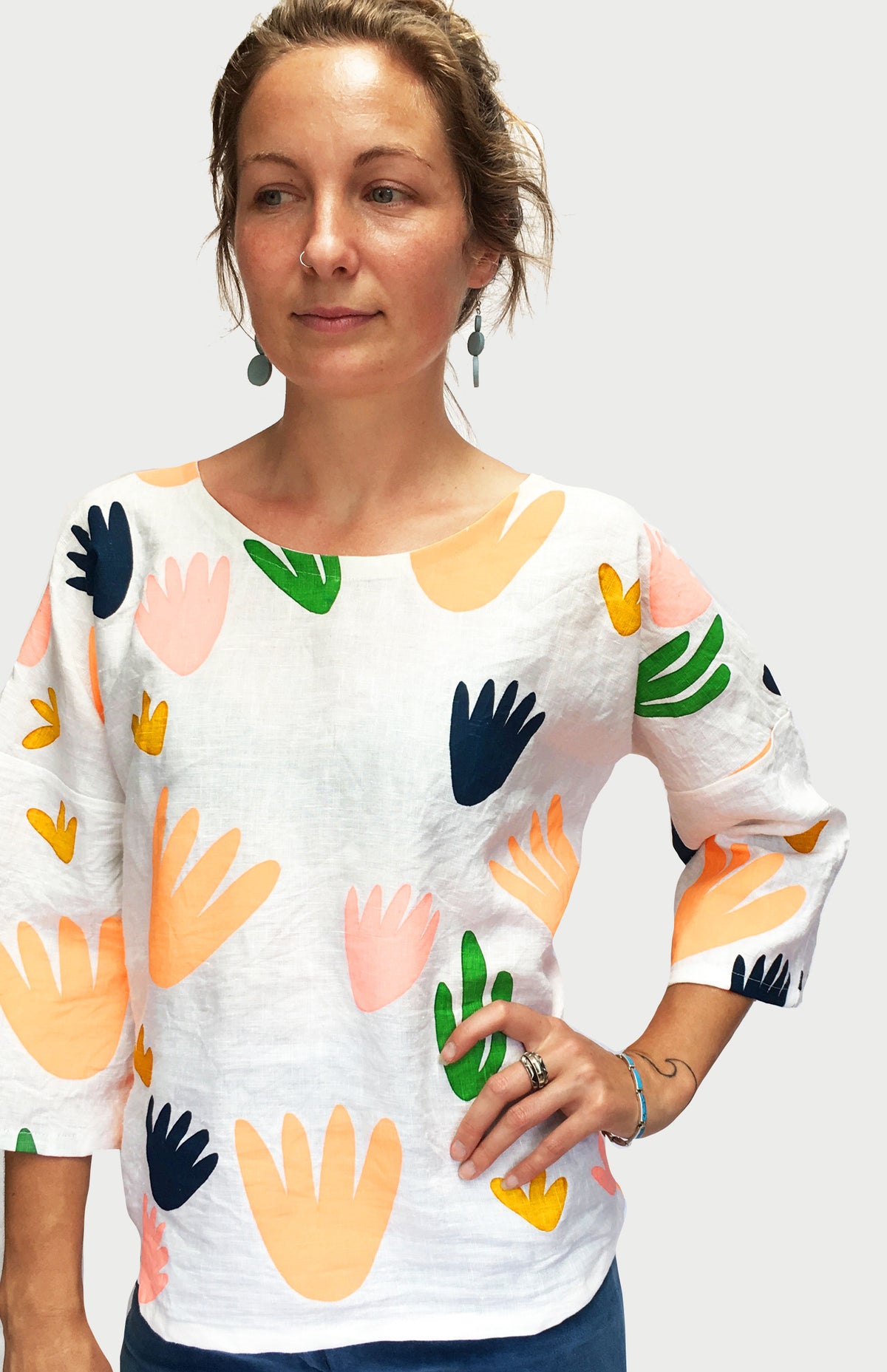 Screen Printed Blooming Cacti 100% linen top (cap sleeves only left) – doopsdesigns