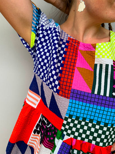 Lumo Check pleated 100% seersucker cotton dress (cap sleeve) – doopsdesigns