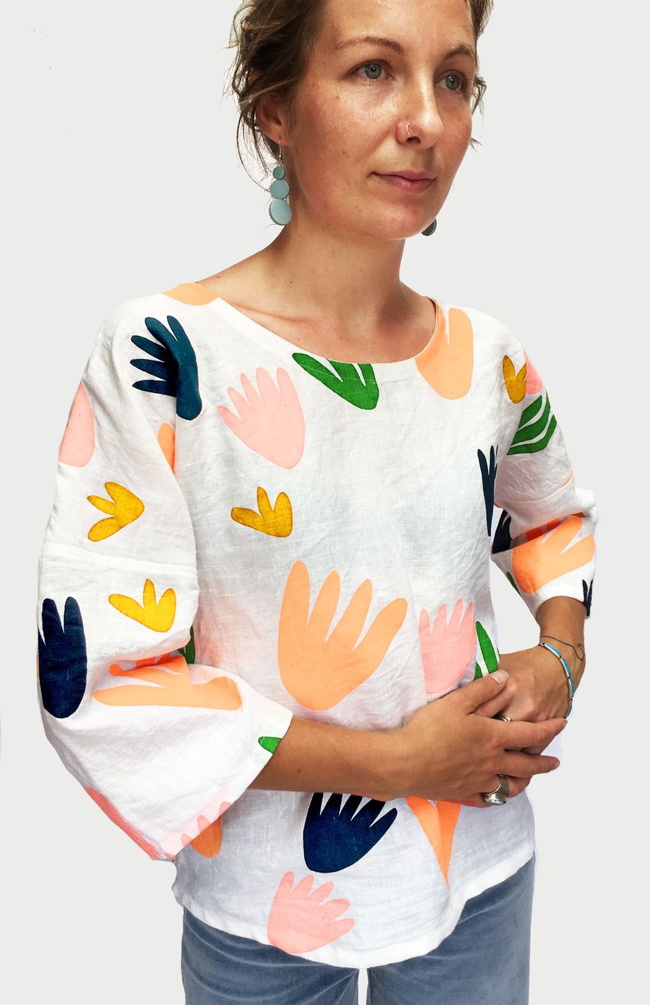 Screen Printed Blooming Cacti 100% linen top (cap sleeves only left) – doopsdesigns